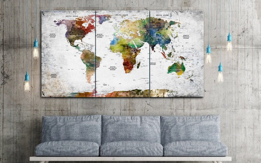 Colorful Wold Map Canvas Wall Art Modern Pushpin World Map Brown Gray ...