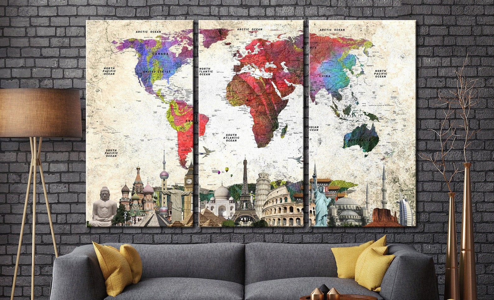 World Map Canvas Wall Art Colorful Map of the World Multi - Etsy