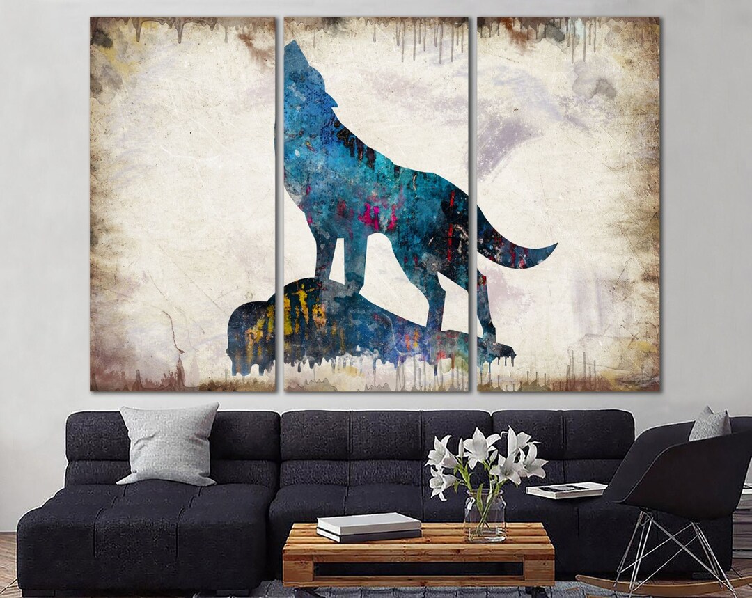 Abstract Howling Wolf Canvas Wall Art: Colorful Silhouette, Multi Panel ...