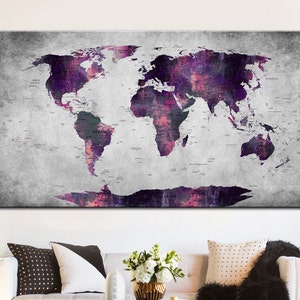 Large Purple World Map Canvas Antique World Map Gray Print Art Canvas ...