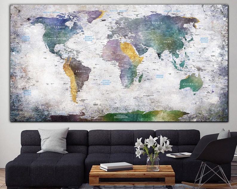 Extra Large Wall Art Pushpin World Map Grey World Map Canvas - Etsy