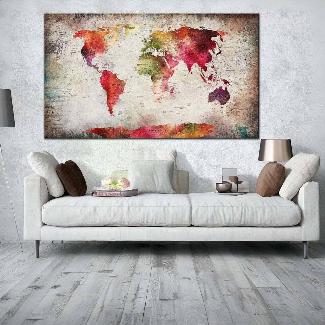 Large Watercolor World Map Canvas Art – Modern Travel Wall Decor - Etsy