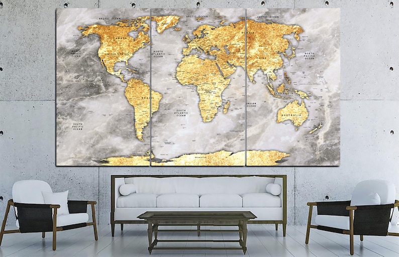 Gold World Map Canvas Print: Push Pin Travel Poster, Multi Panel Wall ...