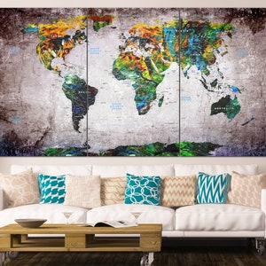 Large Travel World Map Push Pin Colorful Contemporary Wall - Etsy