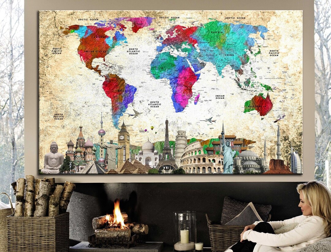 Colorful World Map Poster With Iconic Monuments Architectural Landmarks ...