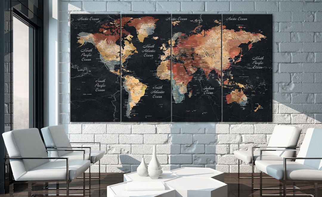 Large Original Travel World Map Geography Wall Art Gift for Travel ...