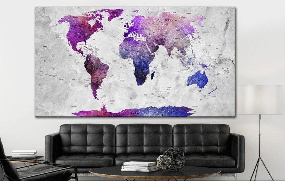 Purple World Map on Canvas World Map Art Photo World Map Print World ...
