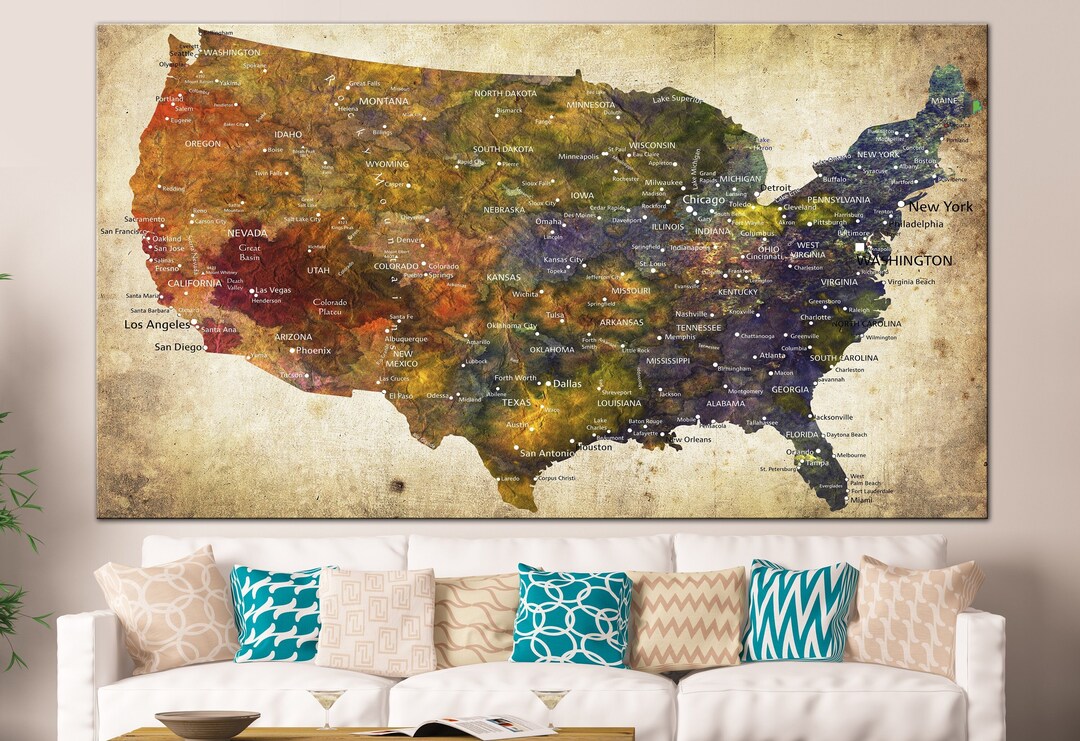 United States Map Canvas Home Wall Hanging Decor Modern USA Map Multi ...