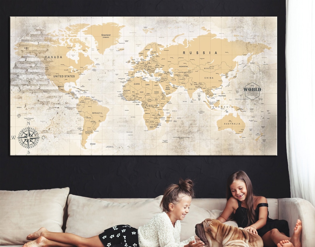 Antique Beige World Map Print Orange Map of the World Multi Panel Print ...