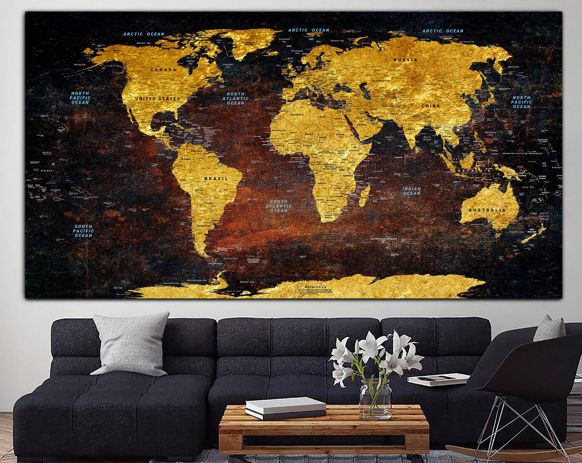 Art & Collectibles Golden Map of the World Print On Canvas Black ...