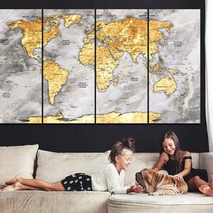 Large Gold World Map Print on Canvas Push Pin Travel Map Poster Push ...