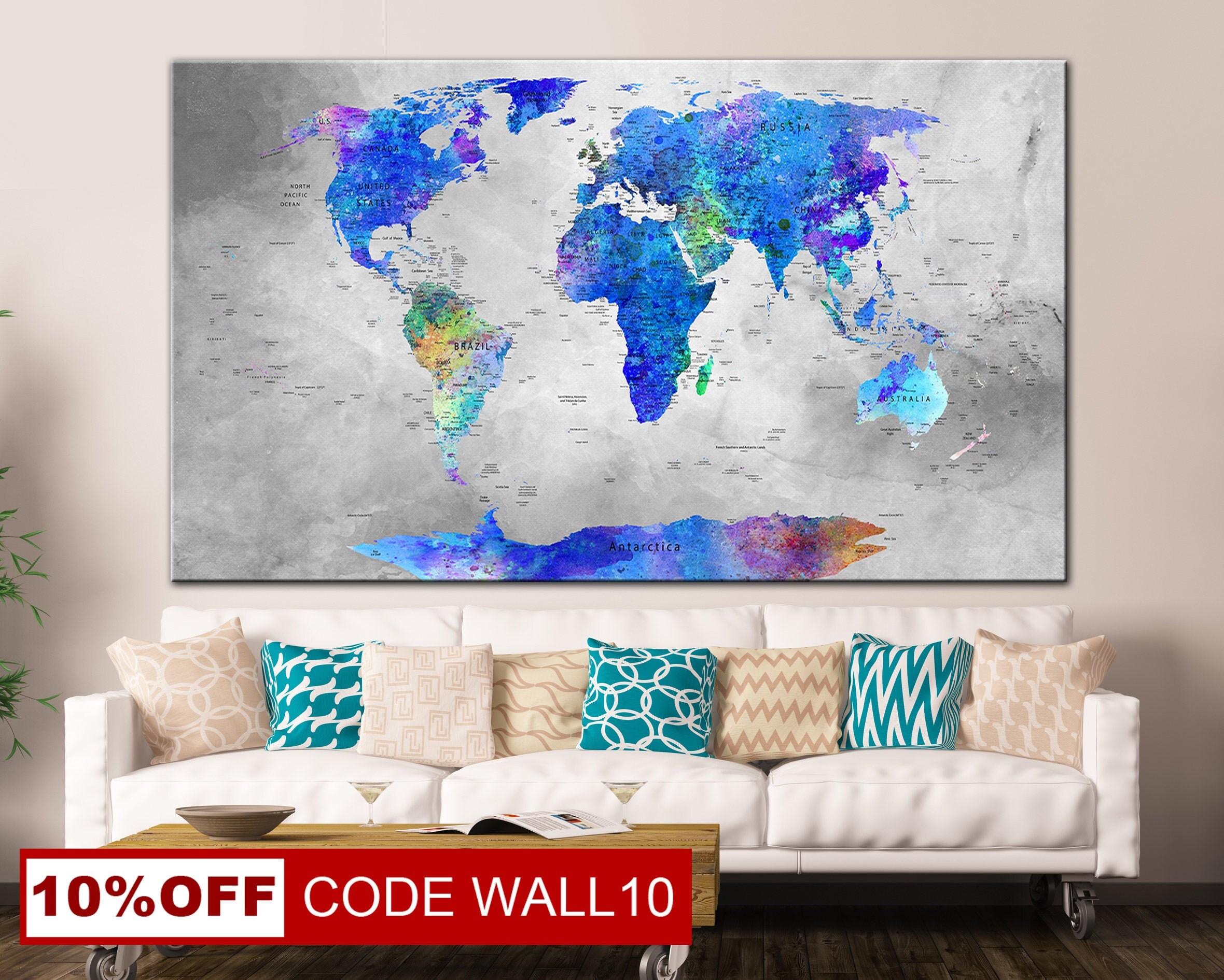 Large World Map Canvas World Map Print Set World Map Wall Art | Etsy