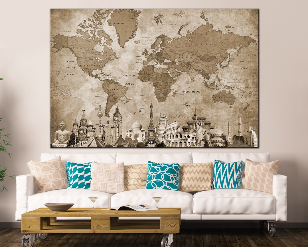 Old Style World Map on Canvas Travel Map of the World Map Brown Multi ...