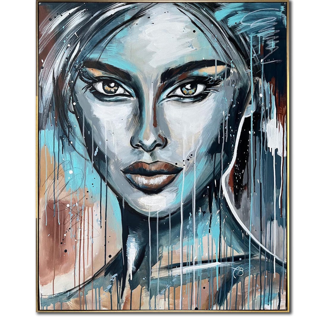 Modern Expressive Female Portrait – Abstract Blue Face Art 39.4"x31.5 ...