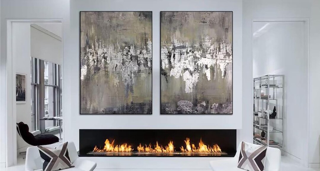 Modern Silver Diptych – Metallic Abstract Painting Set, Textured Canvas ...