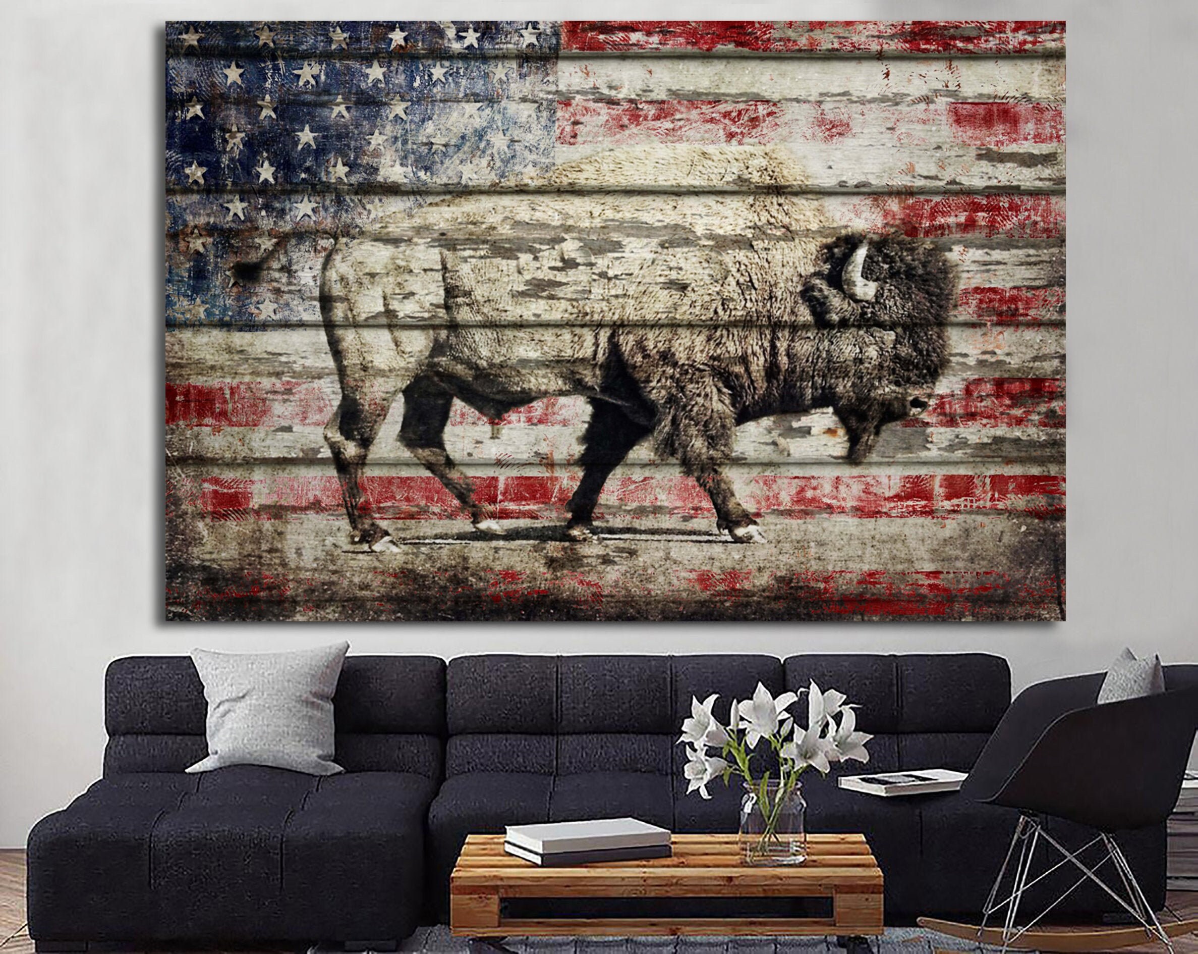 Bull Canvas Wall Art Wooden Style Print USA Flag Background | Etsy