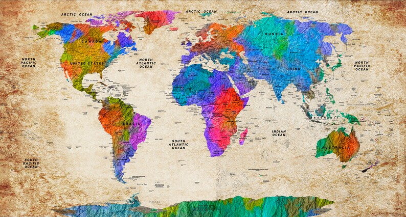 World Map Art Modern Travel Map of the World Print Beige - Etsy