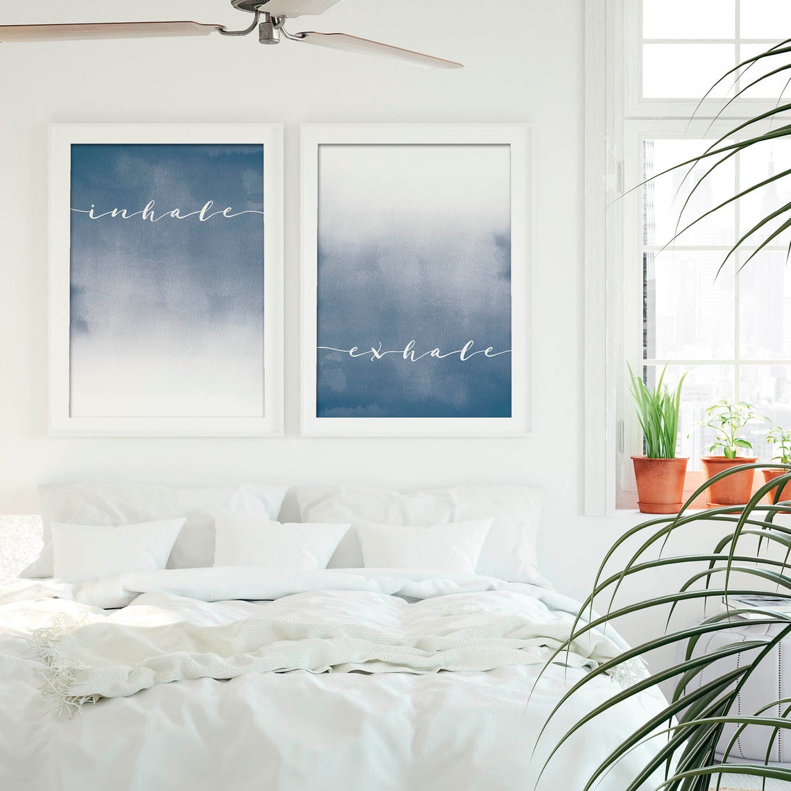 Inhale Exhale Print, Set Of 2,Inhale Exhale Poster, Indigo blue print ...