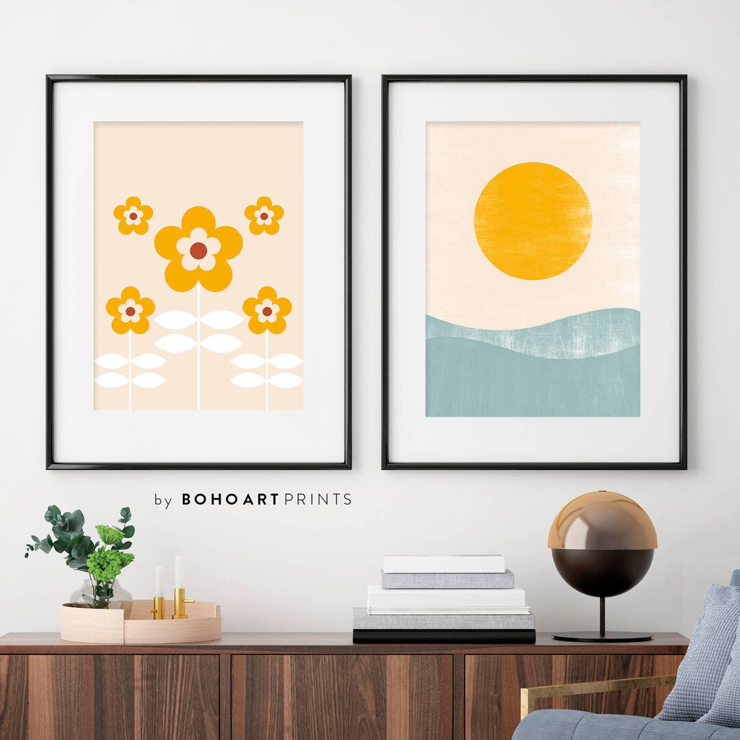 Set of 2, Retro Print, 70s Wall Art, Sunrise Mid Century Art Print, 70s ...
