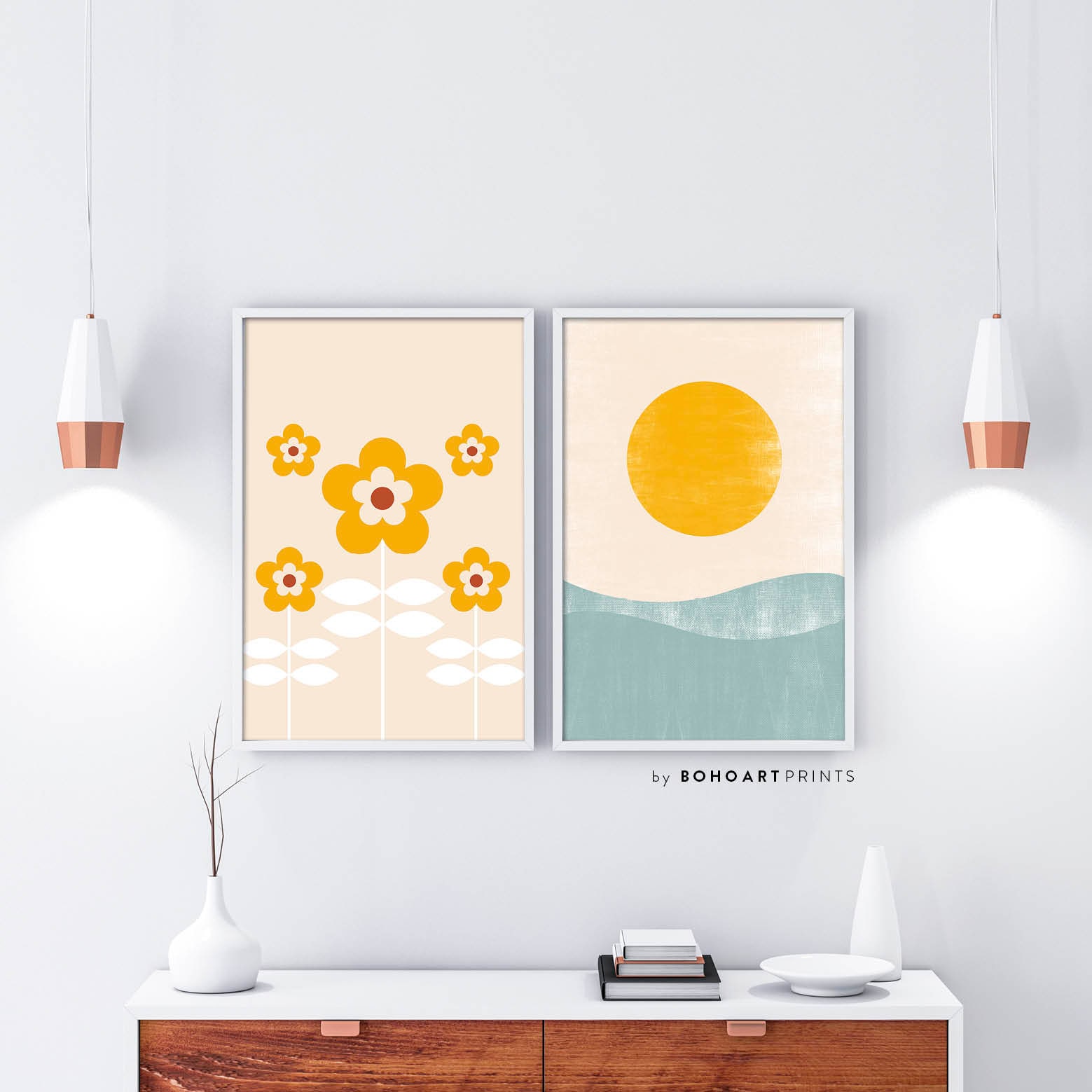 Set of 2, Retro Print, 70s Wall Art, Sunrise Mid Century Art Print, 70s ...