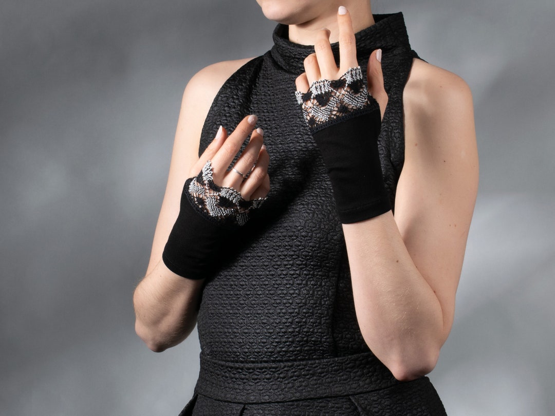 Black Fingerless Gloves Arm Warmers Linen Lace Festival Women's Mittens ...