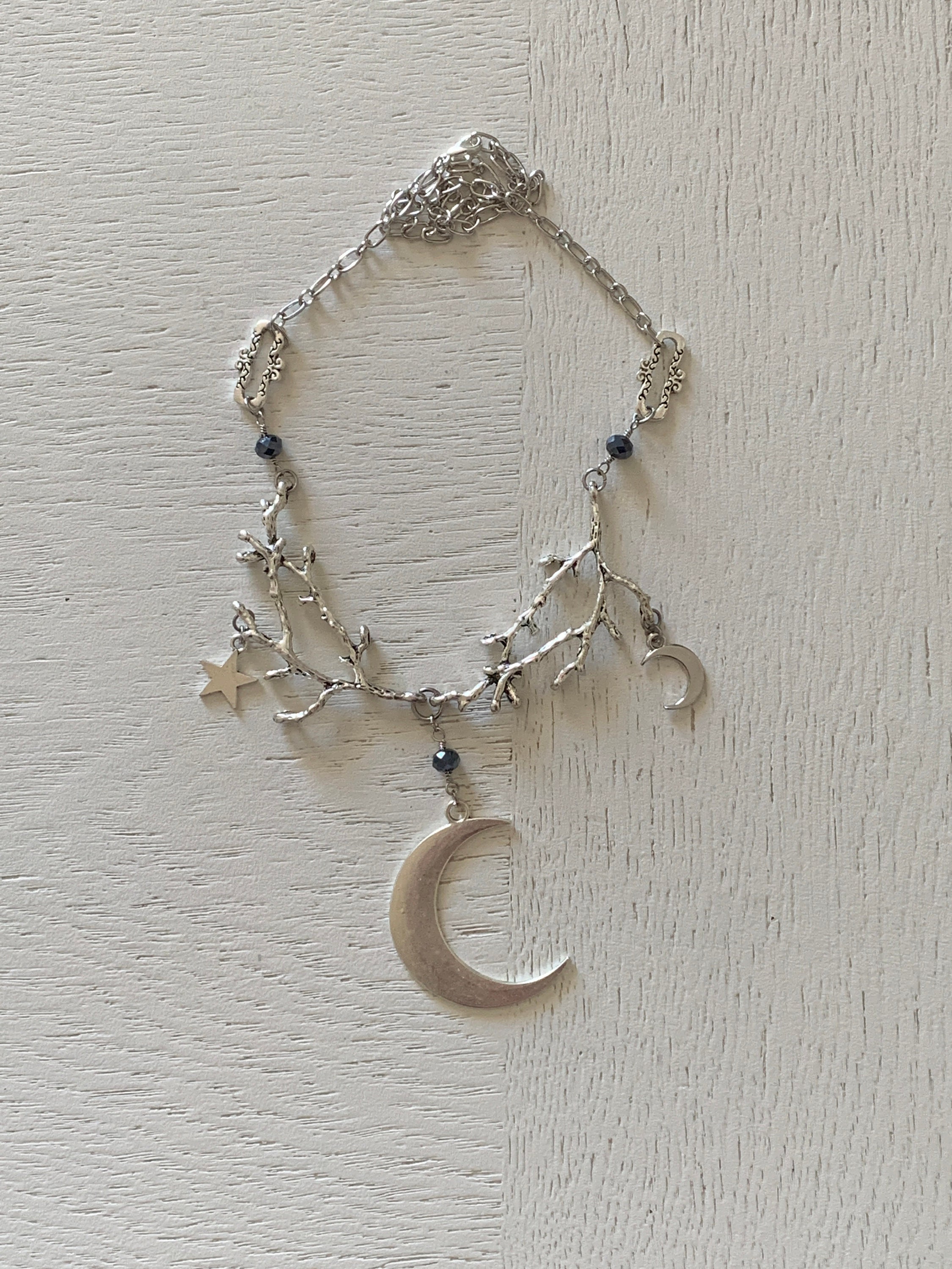 Gótico wiccan luna estrella cadena collar ramas de plata ramas ...