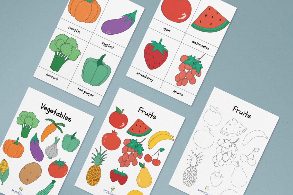 Printable Montessori Fruit and Vegetable Cards & Coloring - Etsy UK