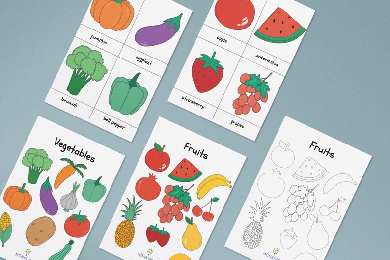 Printable Montessori Fruit and Vegetable Cards & Coloring Pages - Etsy