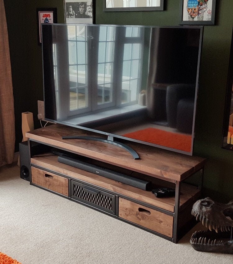 TV Stand Rustic Style TV Unit Solid Wood and Metal | Etsy UK