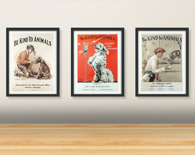 Vintage Be Kind to Animals Poster, Little Girl, Dog and Cat Wall Art ...