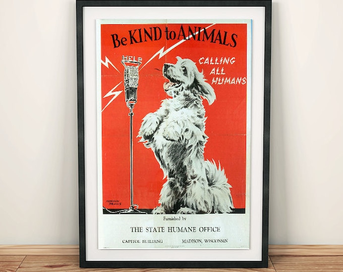 Vintage Be Kind to Animals Poster, Little Girl, Dog and Cat Wall Art ...
