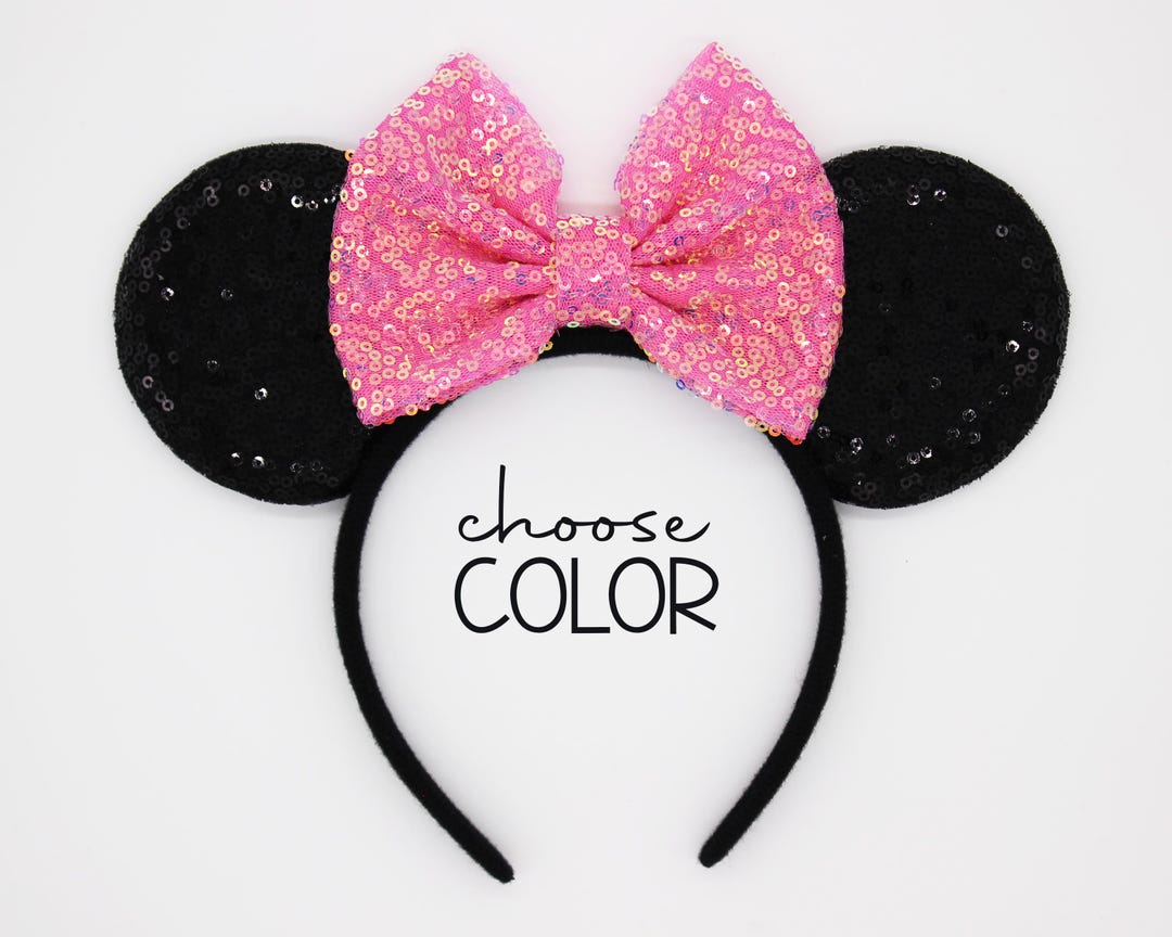 Black Sequin Mouse Ears Headband | Black Sequin Ears + Choose Bow Color ...