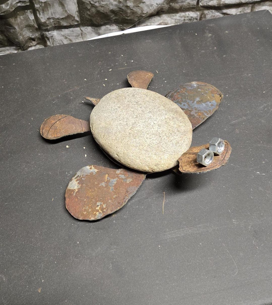 Lucky Metal & Rock Turtle Sculpture, Metal Lawn Art, Front Porch Décor ...