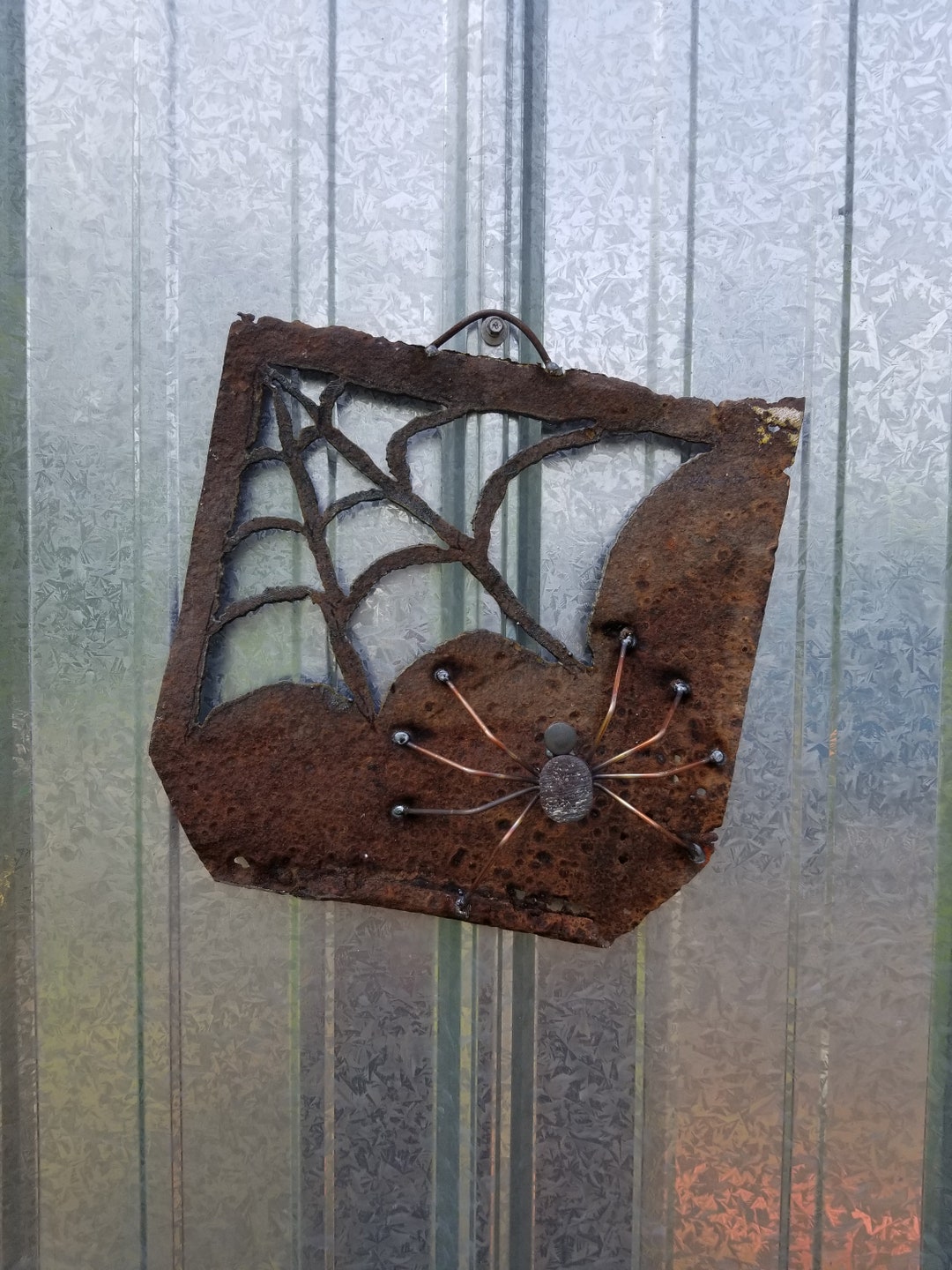Distressed Metal Spider Web, Wall Hung, Jack O Lanterns, Metal, Front ...