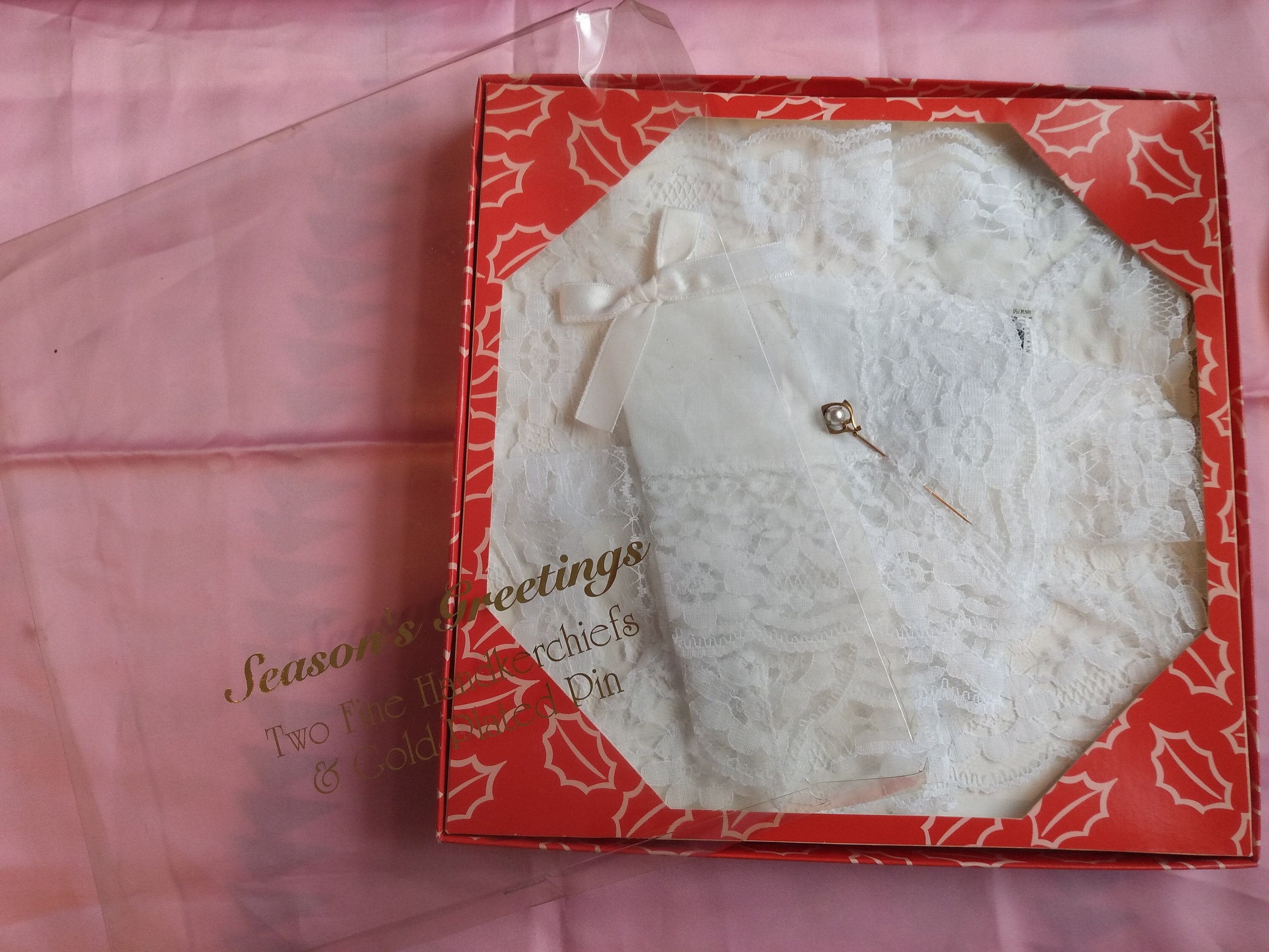2 Lace Handkerchiefs and Gold Plated Pin. Season's Greetings. Original ...