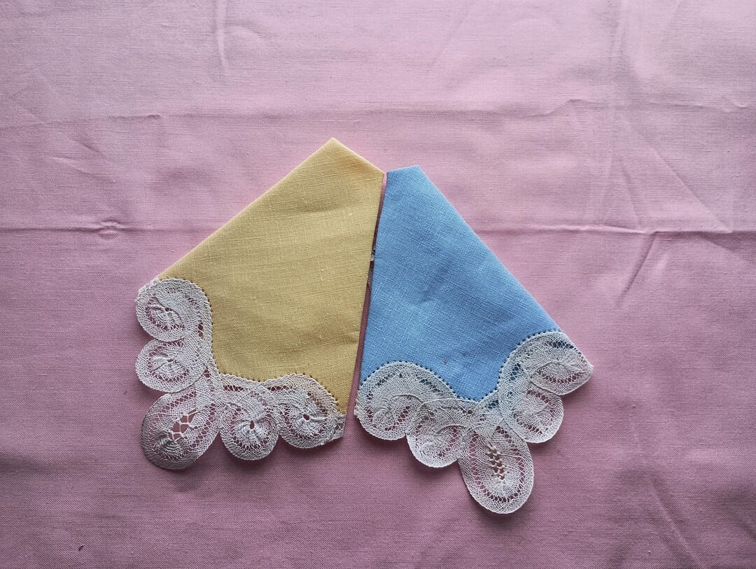 Set of 2. Yellow and Blue Pastel Handkerchiefs. Battenburg Lace Edges ...