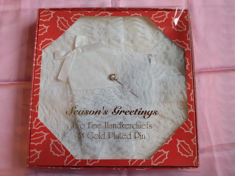 2 Lace Handkerchiefs and Gold Plated Pin. Season's Greetings. Original ...