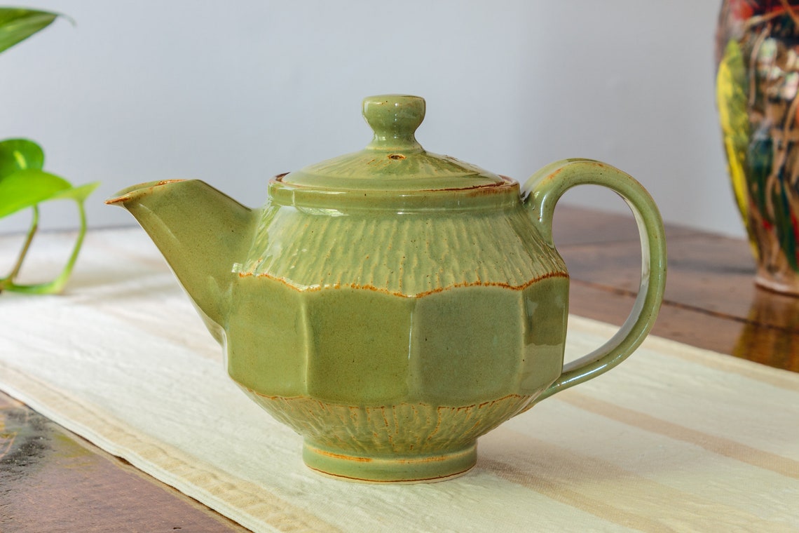 Handmade Ceramic Teapot - Faceted Angled, Green Chattered Teapot ...