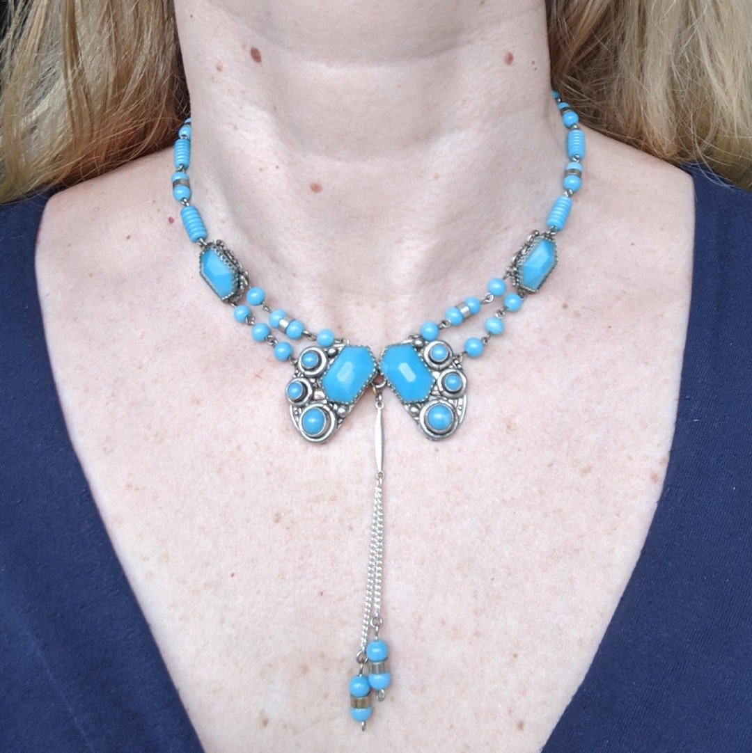 Vintage Art Deco Czech Neiger Brothers Style Turquoise Glass and Silver ...