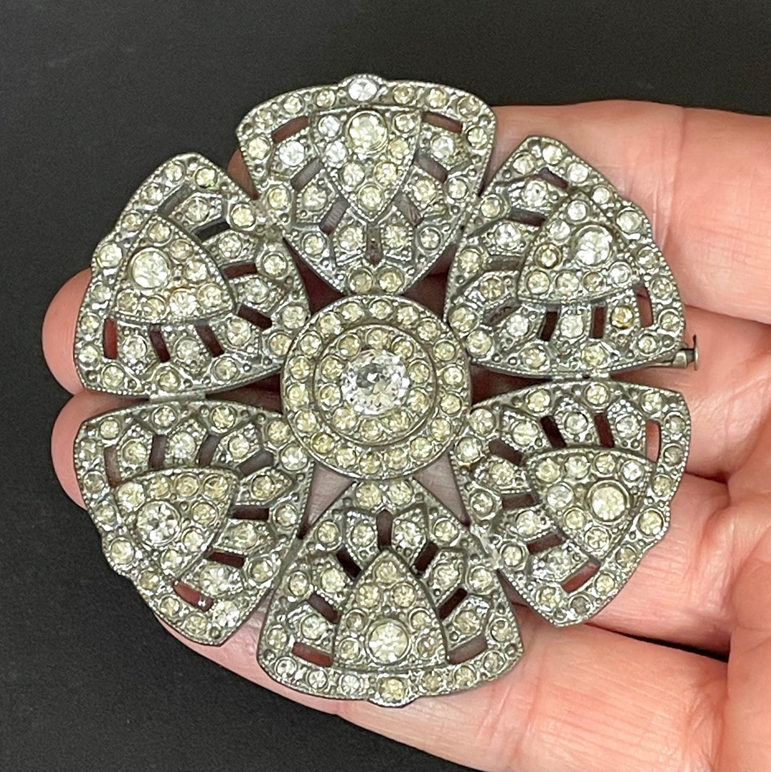 Huge Vintage Art Deco Paste Flower Brooch, With Ice Clear Rhinestones ...