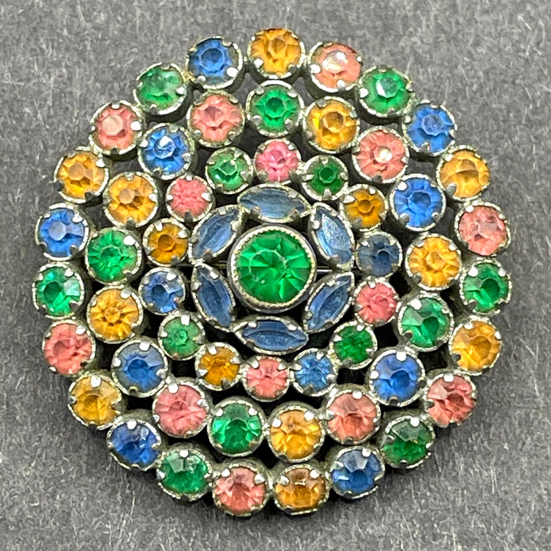 Vintage Multi-coloured Crystal Floral Cluster Brooch - Pink, Yellow ...