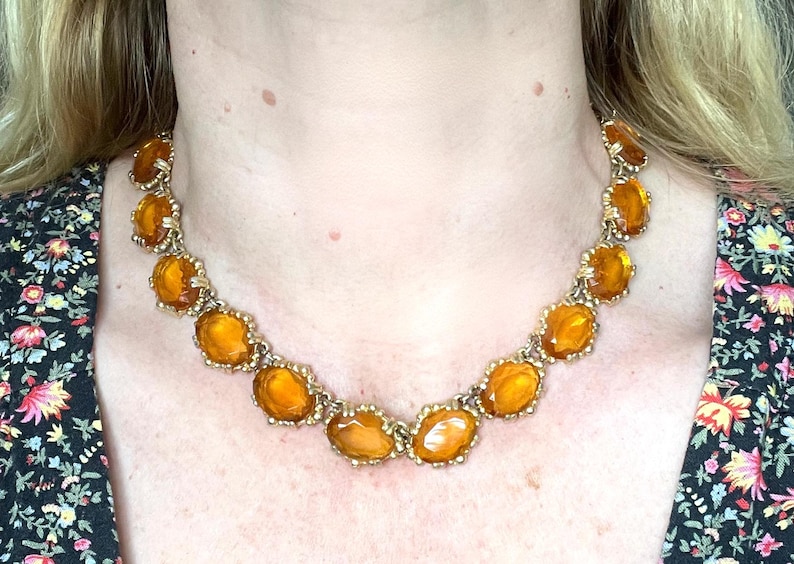 Vintage Sphinx Orange Citrine / Topaz Glass Riviere Necklace and ...