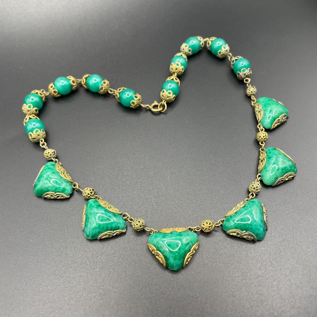 Vintage Art Deco Czech Green Peking Glass and Gold Tone Filigree ...