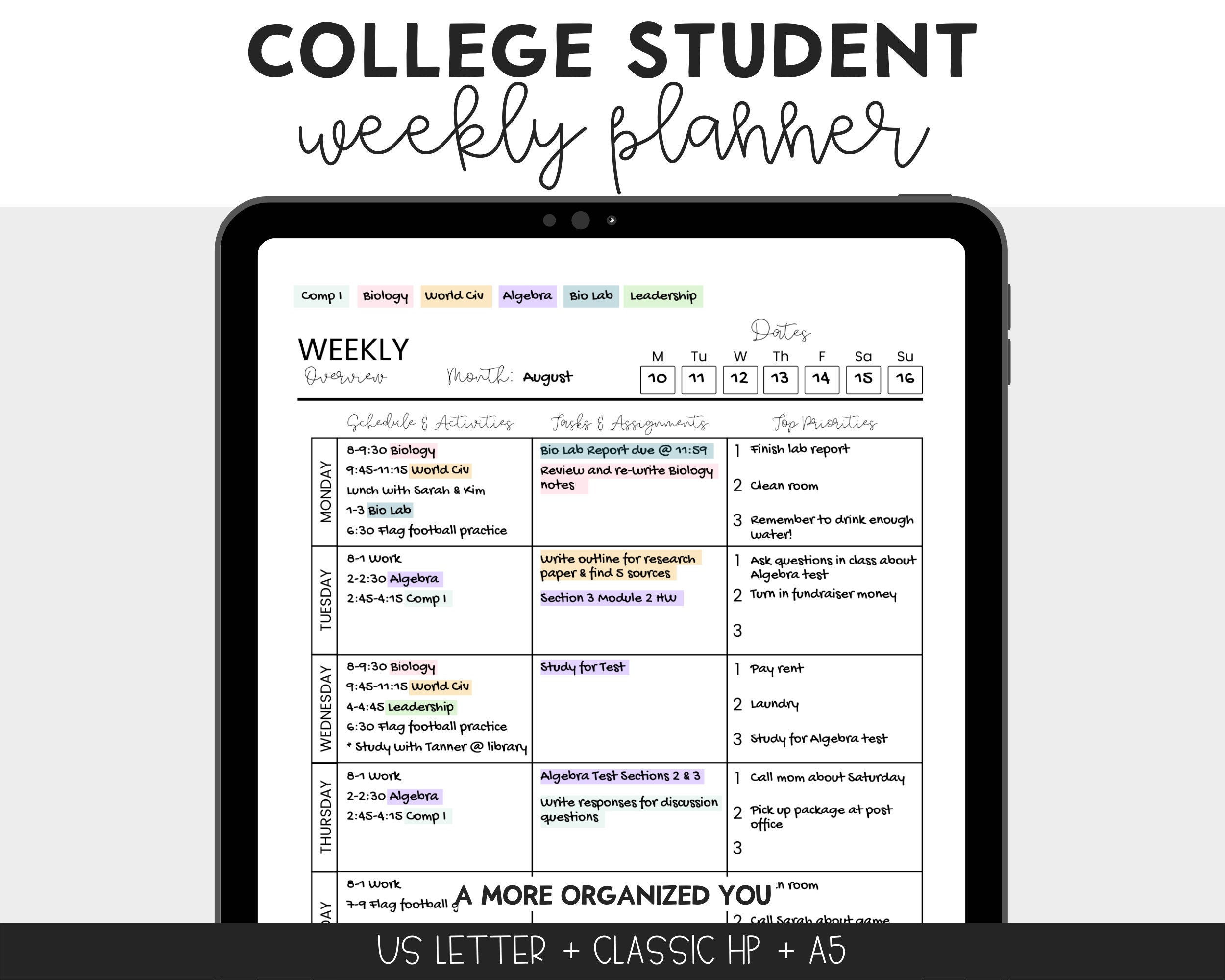 College Student Weekly Planner Printable Student Planner - Etsy