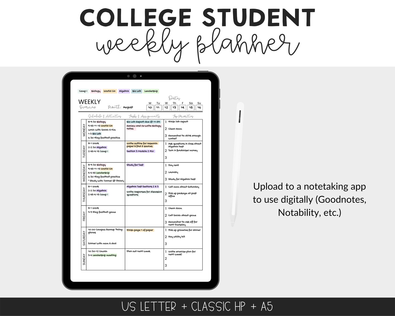 College Student Weekly Planner Printable Student Planner - Etsy