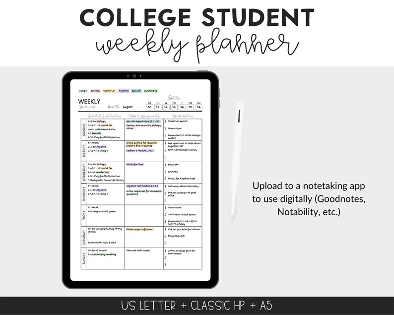 College Student Weekly Planner Printable Student Planner - Etsy