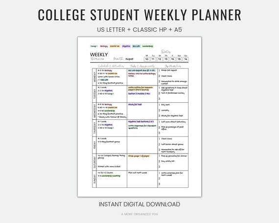 College Student Weekly Planner Printable Student Planner | Etsy