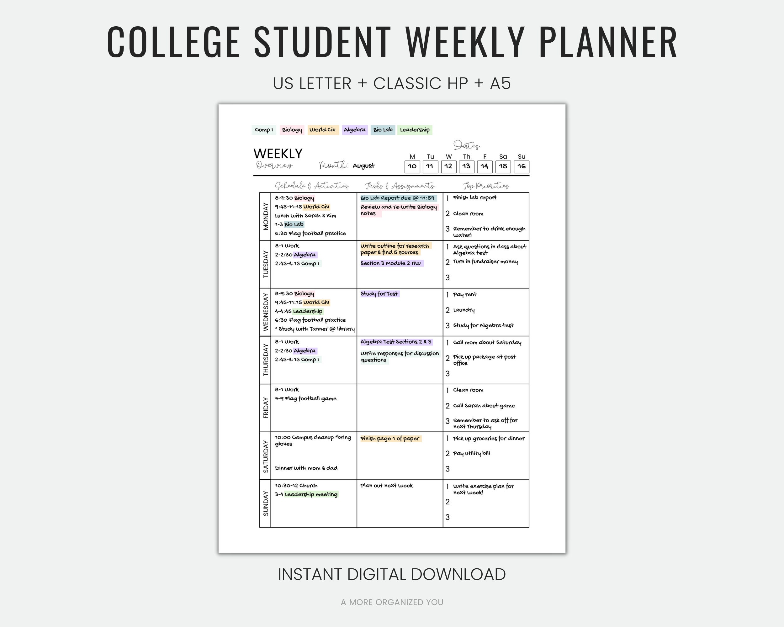 College Student Weekly Planner Printable Student Planner | Etsy