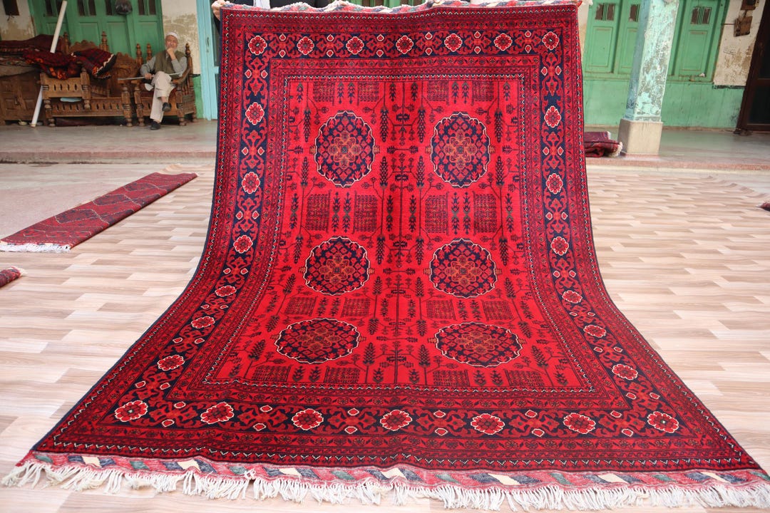 Red Bokhara Area Rug, 7.9x5.6 Ft Afghan Handmade Wool Rug, Bokhara Rug ...
