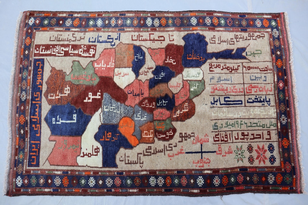 Afghanistan Map Rug, Handmade Wool Pictorial Rug, Vintage Afghan Decor ...